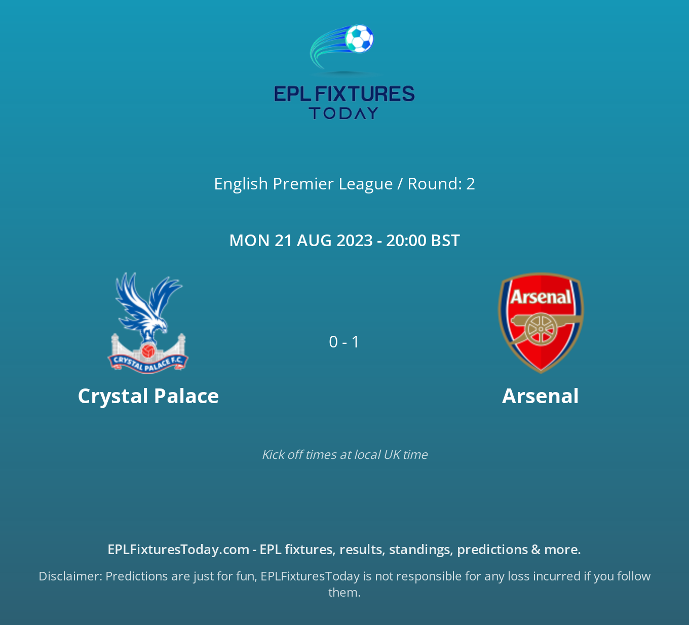 Mon 21 Aug 2023: Crystal Palace vs Arsenal - EPLFixturesToday.com