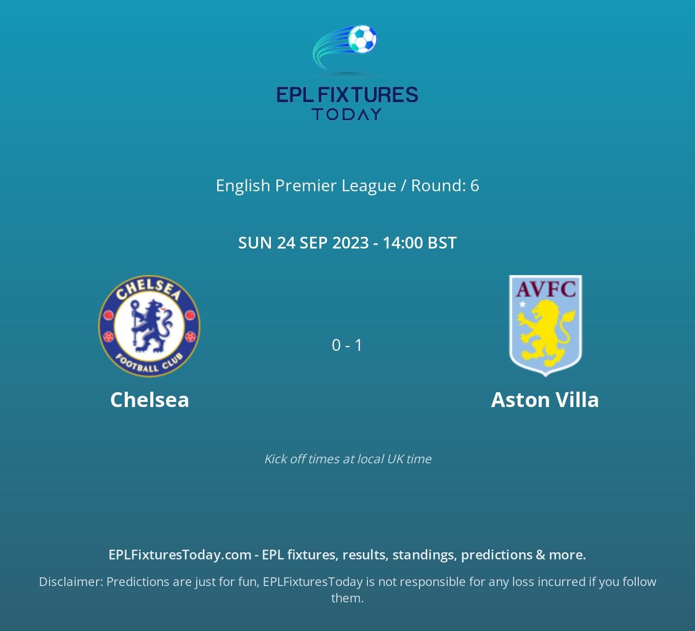 Sun 24 Sep 2023: Chelsea vs Aston Villa - EPLFixturesToday.com