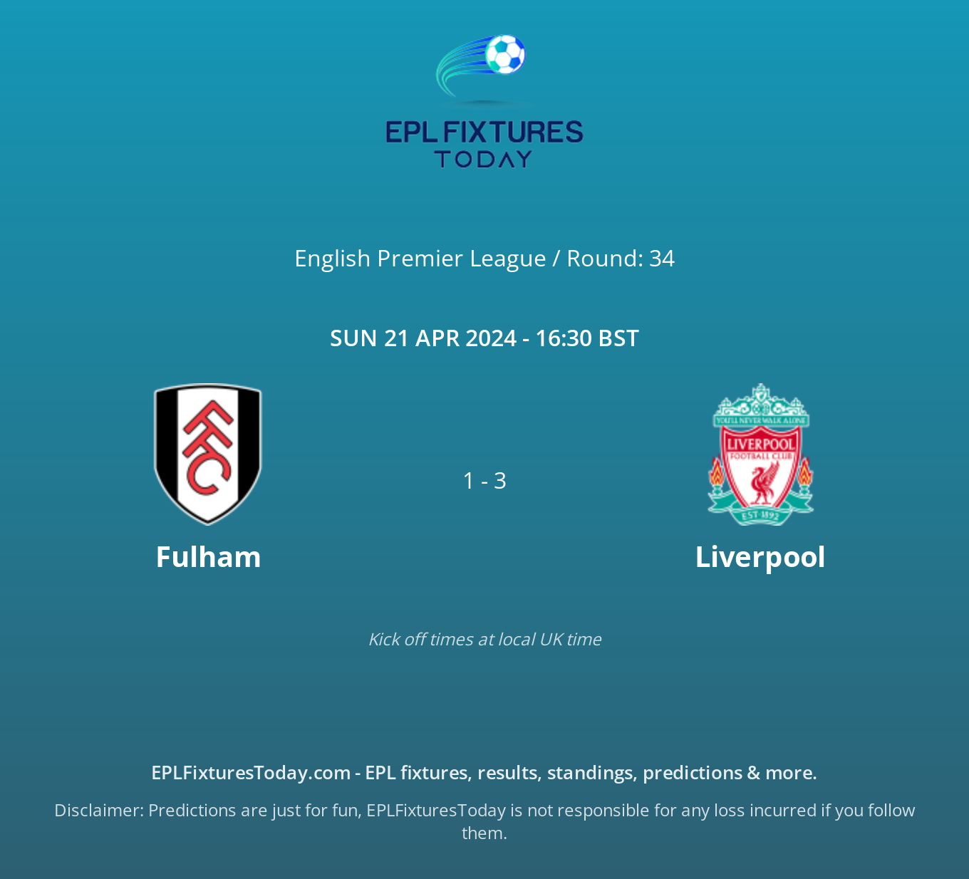 Sat 20 Apr 2024: Fulham vs Liverpool - EPLFixturesToday.com