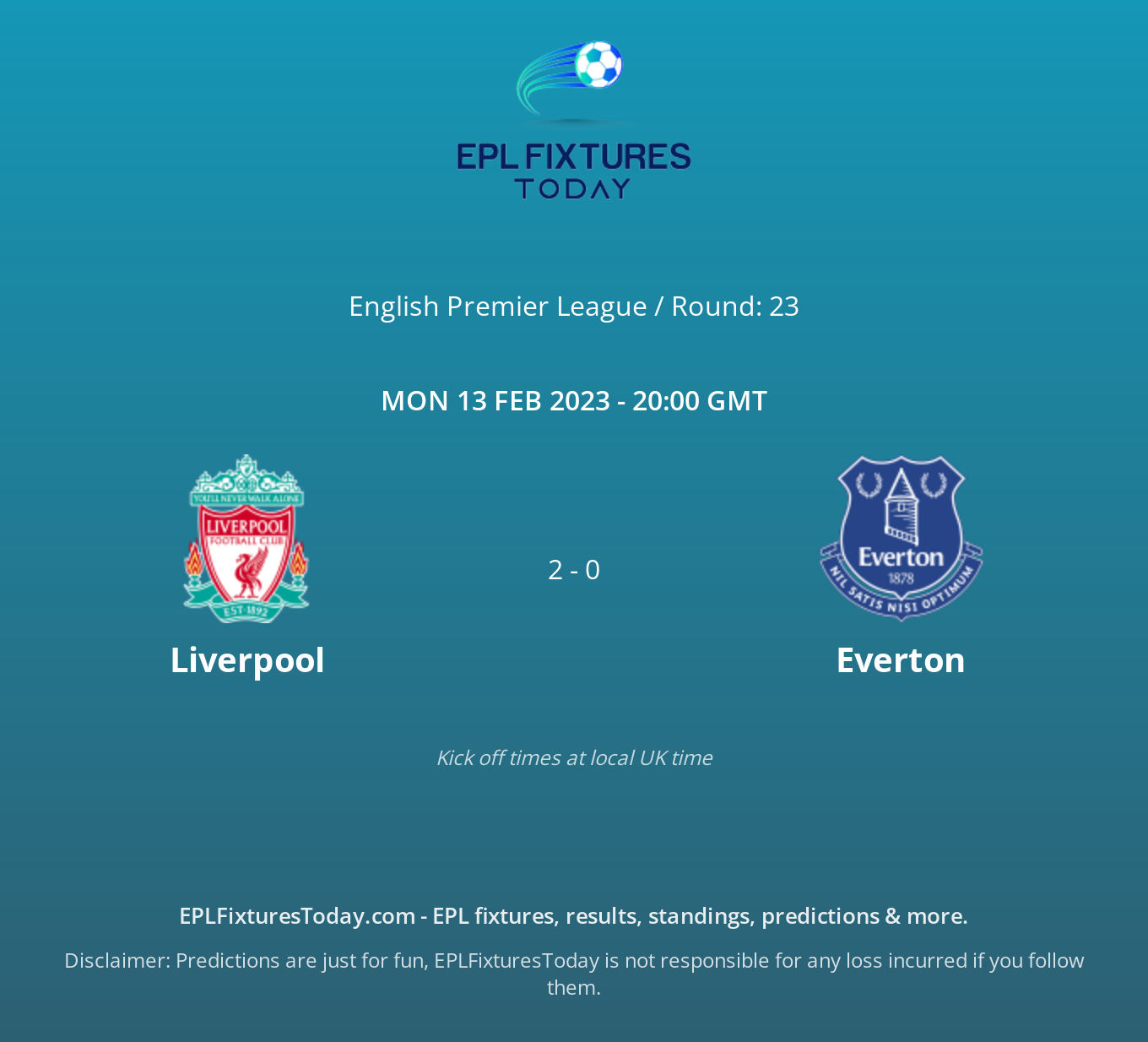Mon 13 Feb 2023: Liverpool vs Everton - EPLFixturesToday.com Mon 13 Feb 2023: Liverpool vs Everton - EPLFixturesToday.com