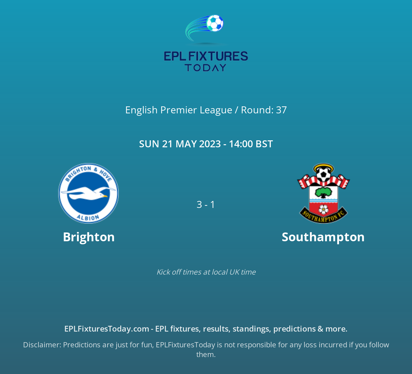 Sun 21 May 2023: Brighton vs Southampton - EPLFixturesToday.com