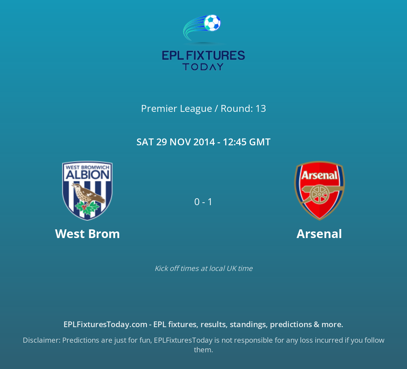 Sat 29 Nov 2014: West Brom vs Arsenal - EPLFixturesToday.com