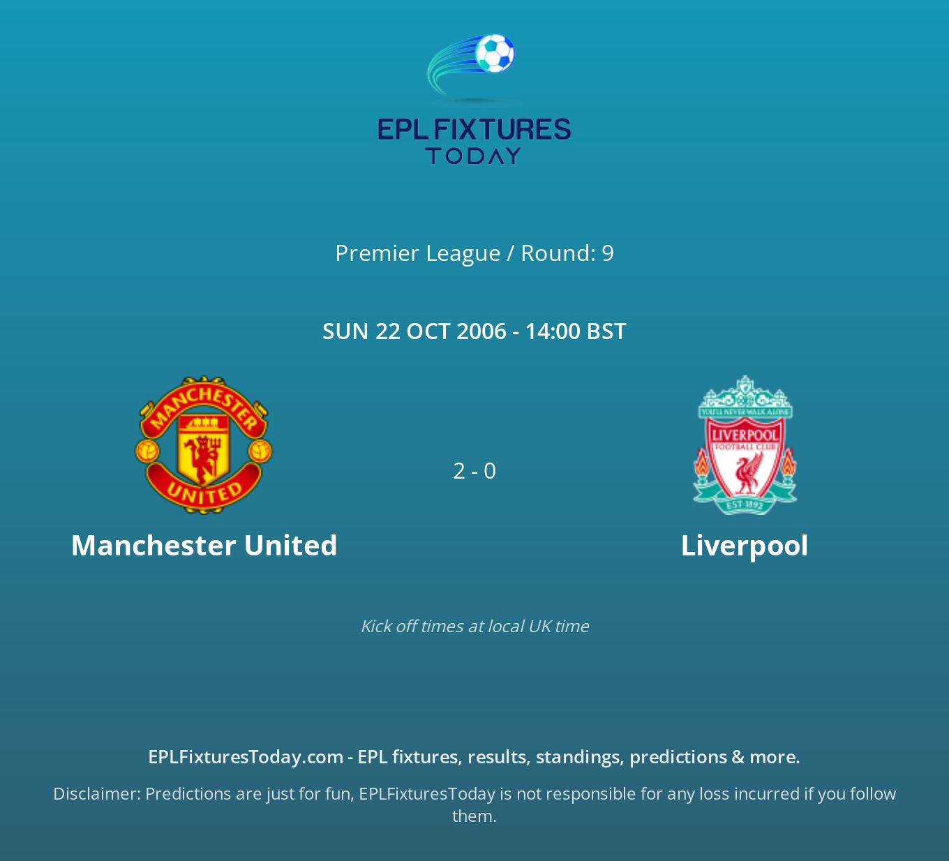 Sun 22 Oct 2006: Manchester United vs Liverpool - EPLFixturesToday.com