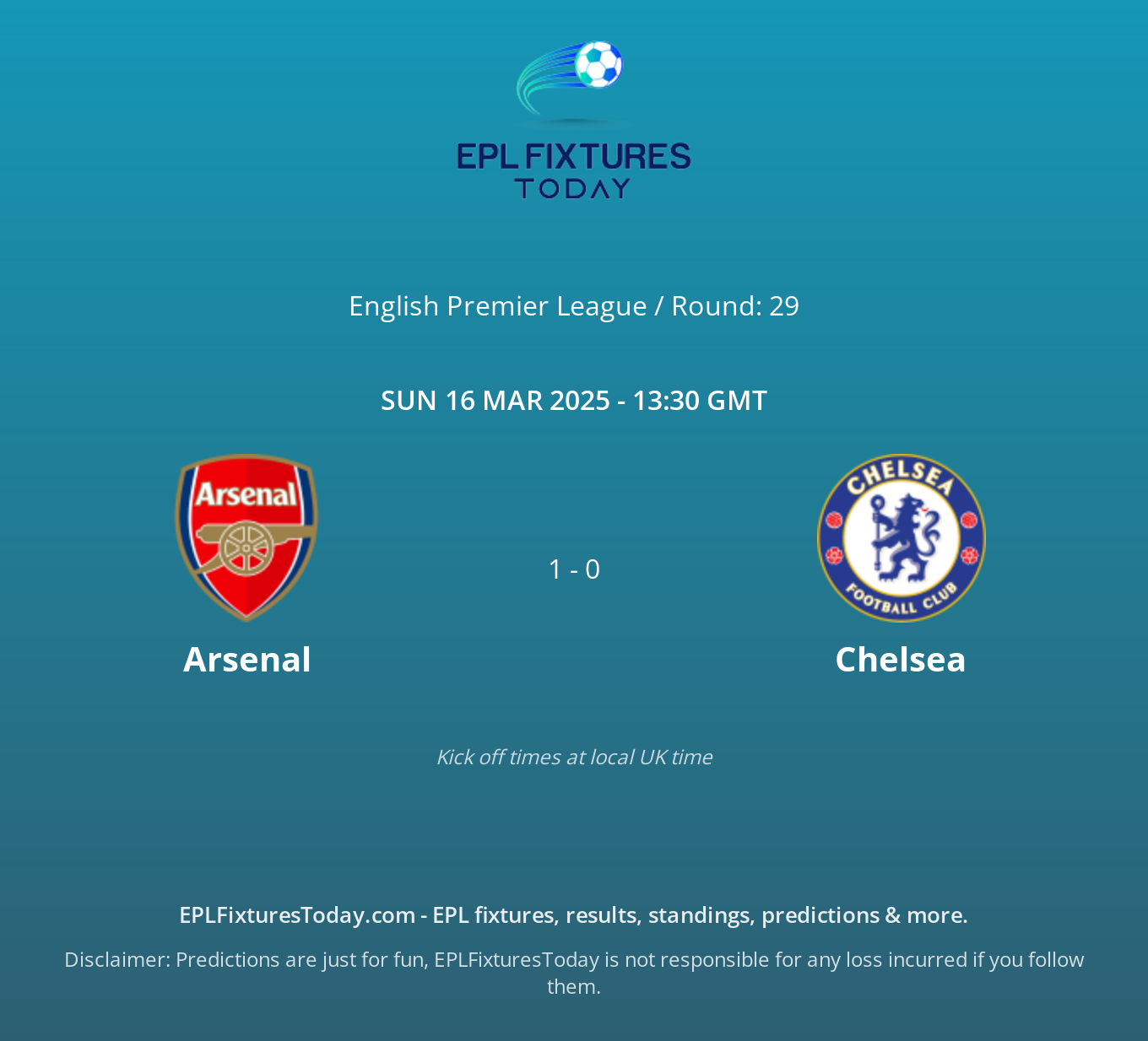 Sat 15 Mar 2025: Arsenal vs Chelsea - EPLFixturesToday.com