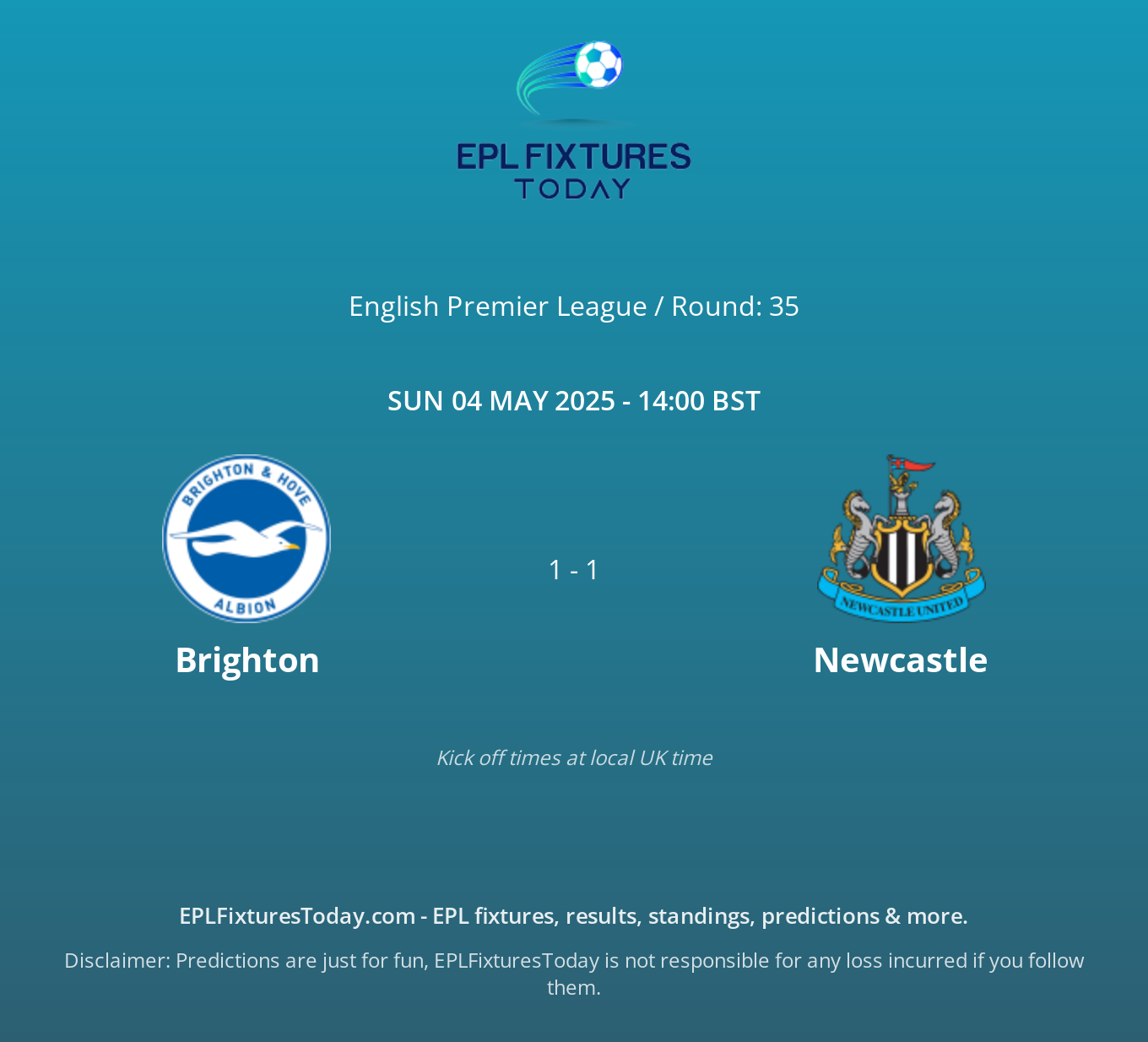 Sat 03 May 2025: Brighton vs Newcastle - EPLFixturesToday.com