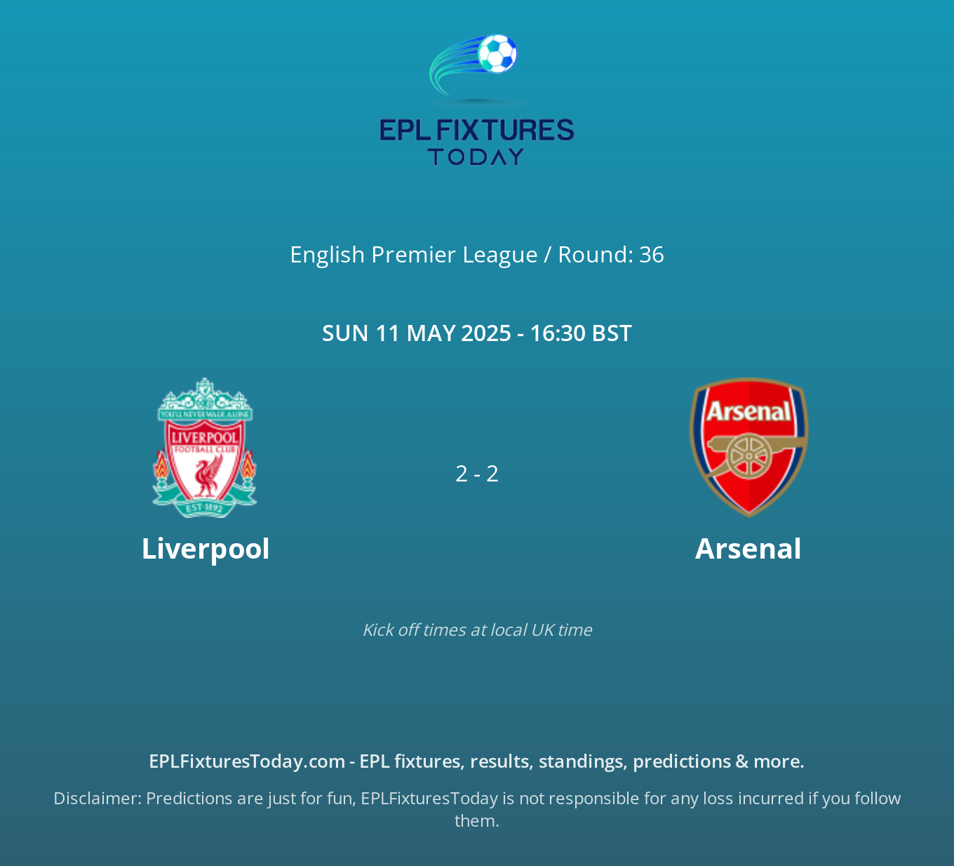 Sat 10 May 2025: Liverpool vs Arsenal - EPLFixturesToday.com