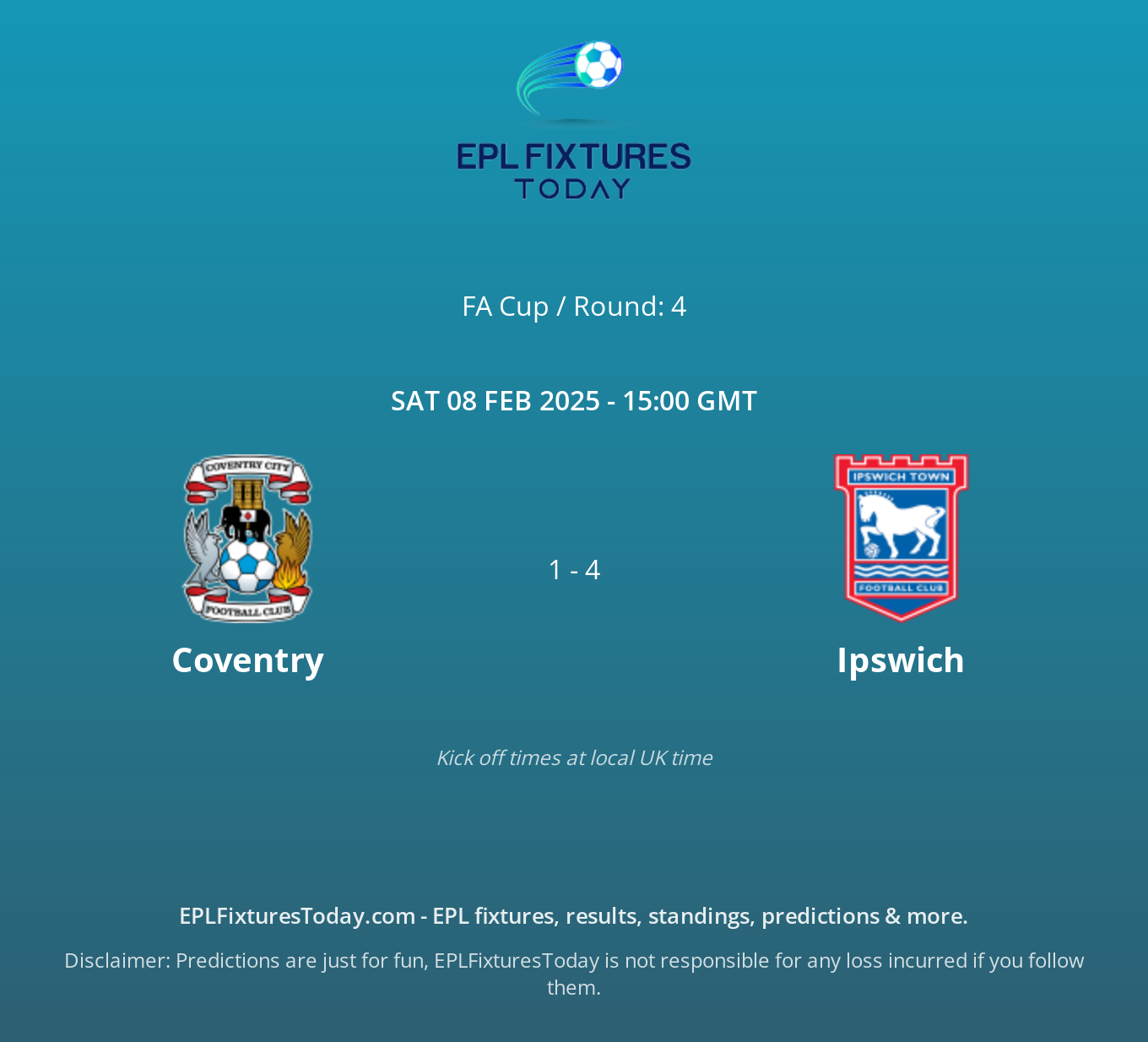 Sat 08 Feb 2025: Coventry vs Ipswich - EPLFixturesToday.com