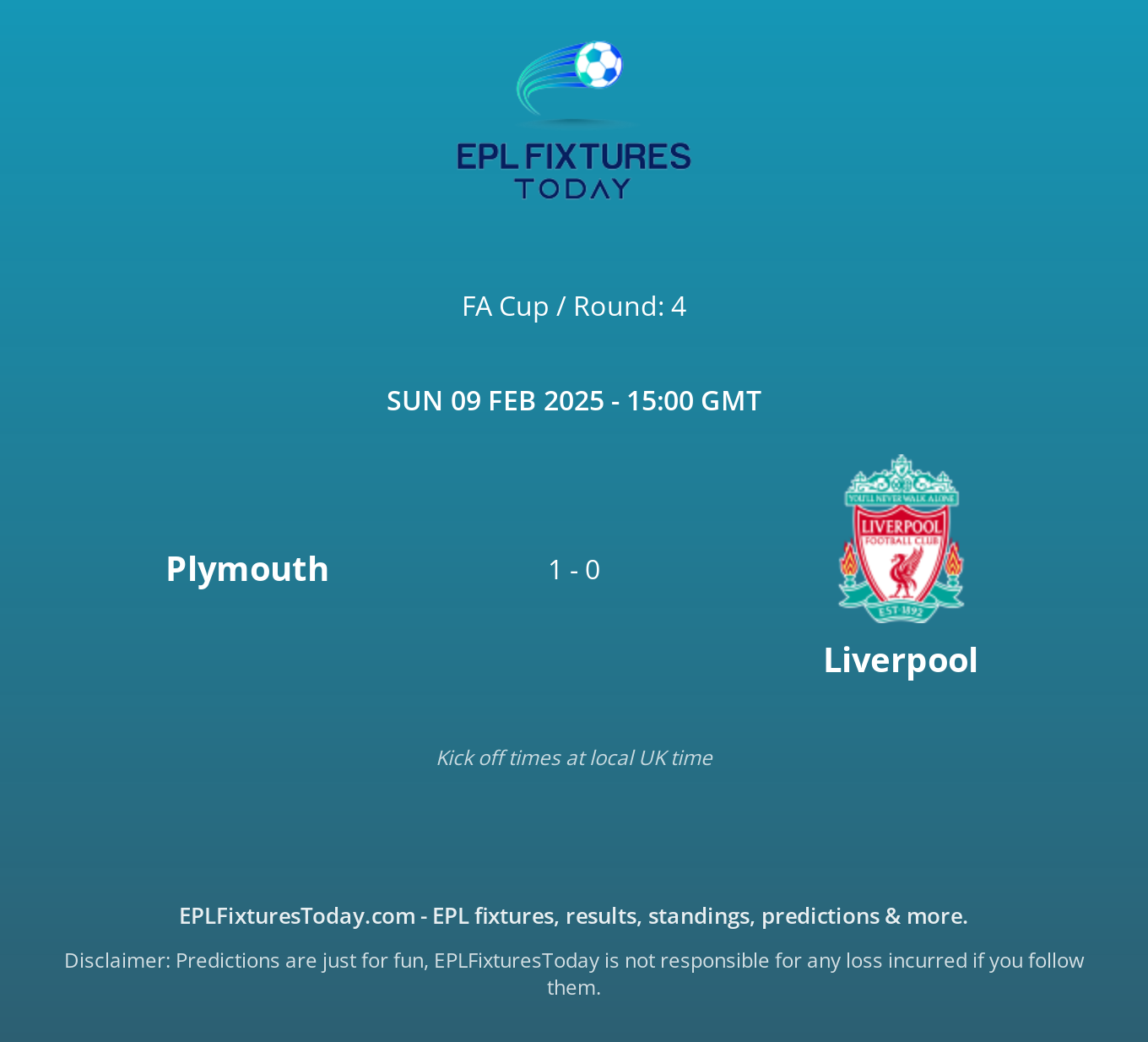 Sat 08 Feb 2025: Plymouth vs Liverpool - EPLFixturesToday.com