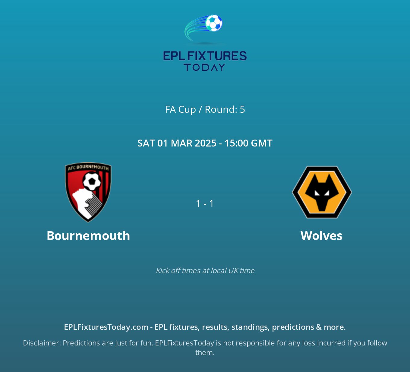 Sat 01 Mar 2025: Bournemouth vs Wolves - EPLFixturesToday.com