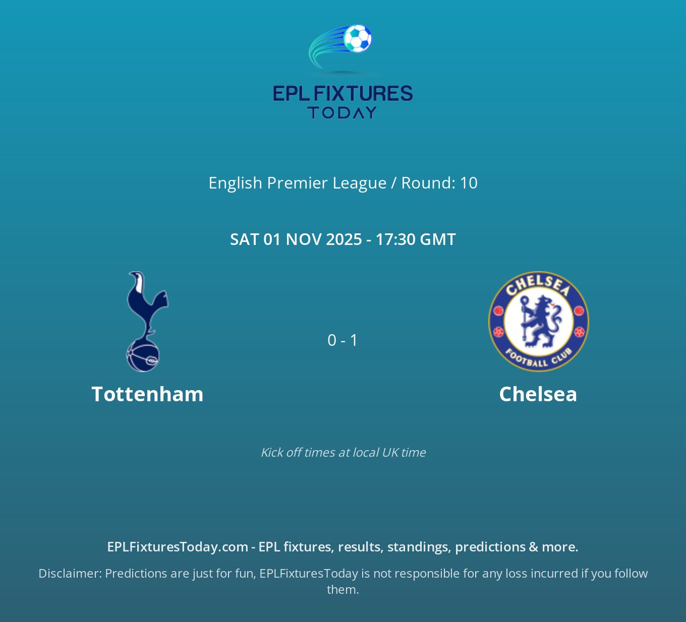 Sat 01 Nov 2025: Tottenham vs Chelsea - EPLFixturesToday.com