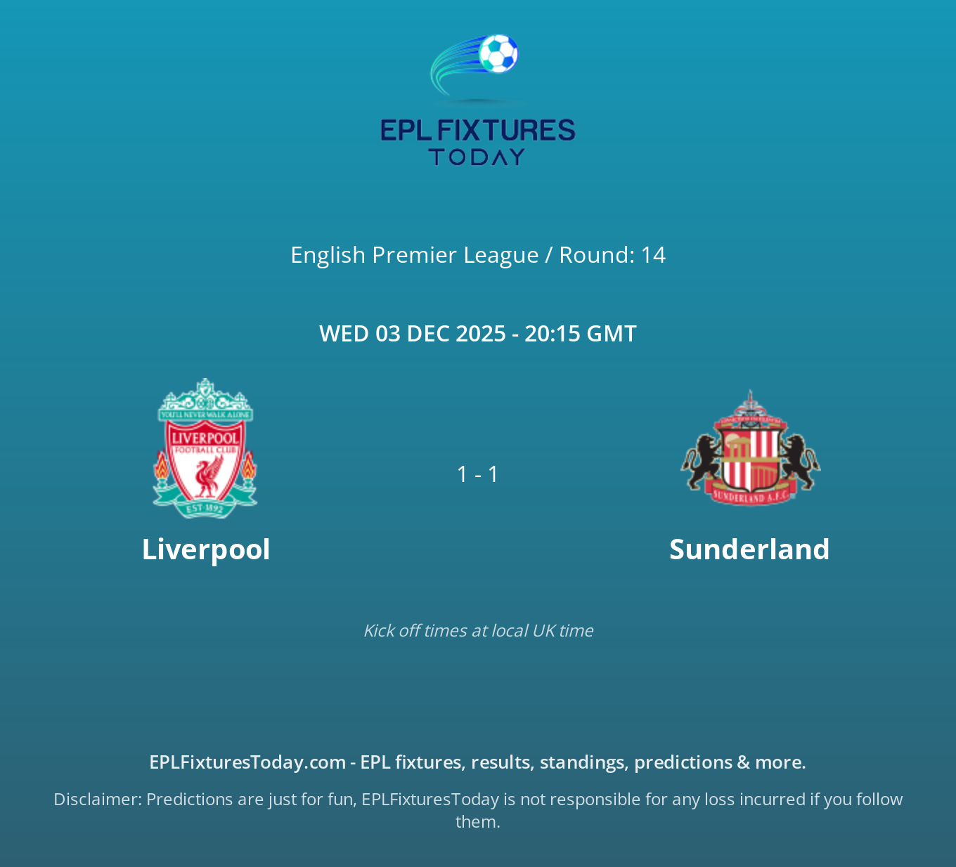 Wed 03 Dec 2025: Liverpool vs Sunderland - EPLFixturesToday.com