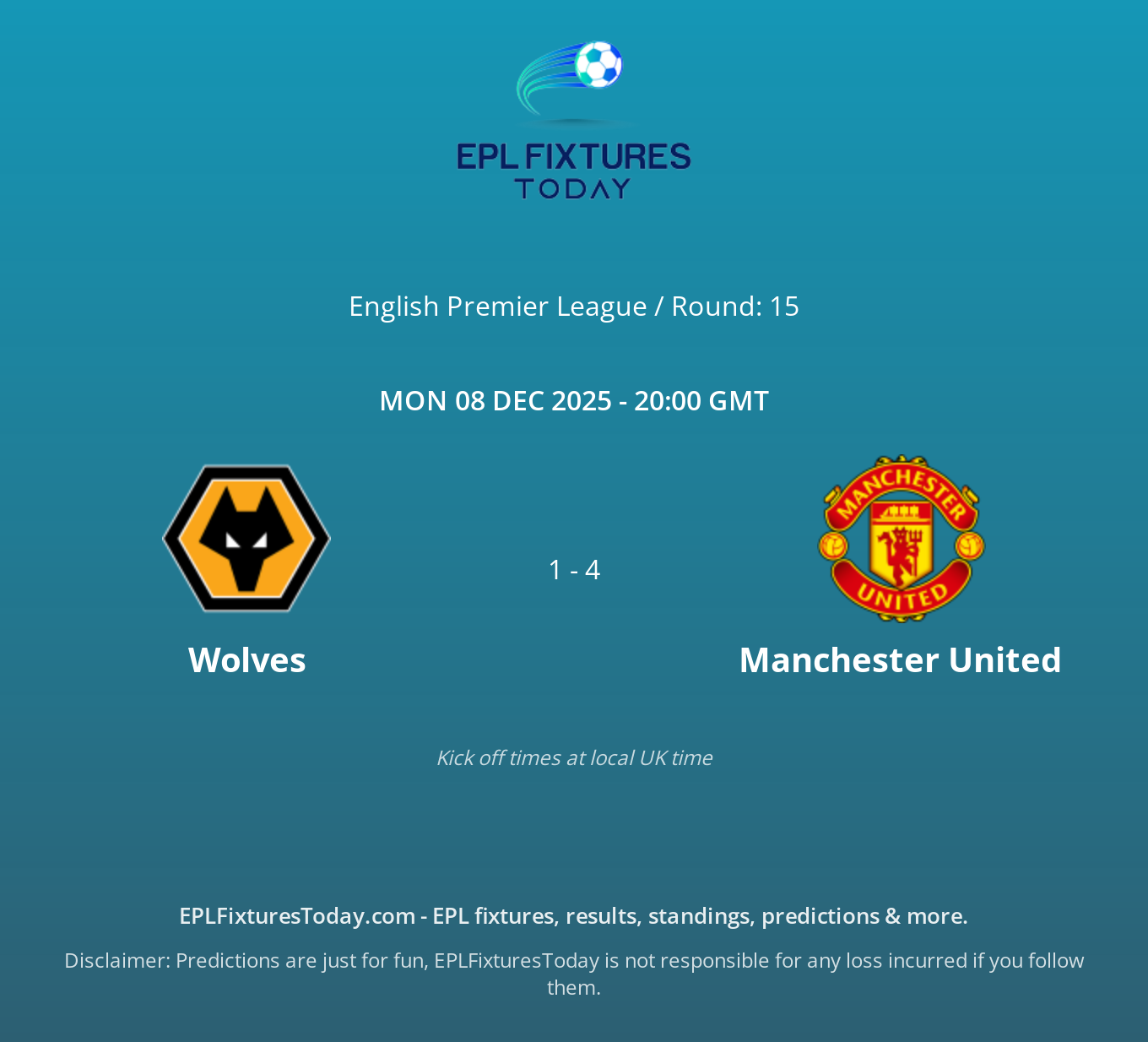 Sat 06 Dec 2025: Wolves vs Manchester United - EPLFixturesToday.com