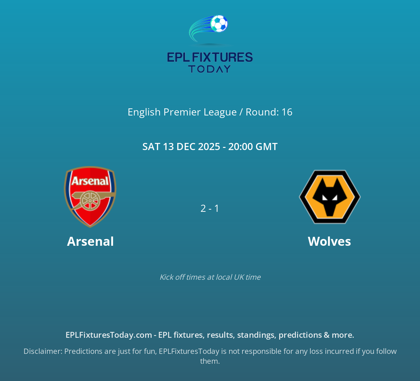 Sat 13 Dec 2025: Arsenal vs Wolves - EPLFixturesToday.com
