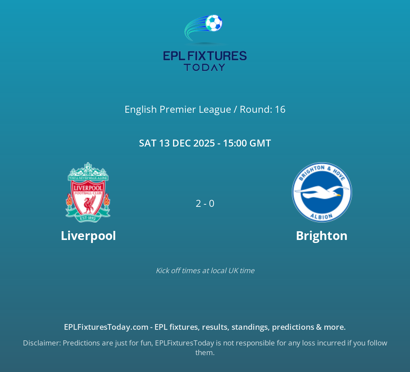 Sat 13 Dec 2025: Liverpool vs Brighton - EPLFixturesToday.com