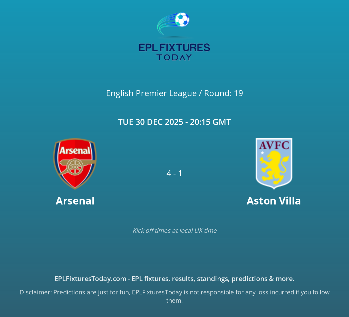 Tue 30 Dec 2025: Arsenal vs Aston Villa - EPLFixturesToday.com