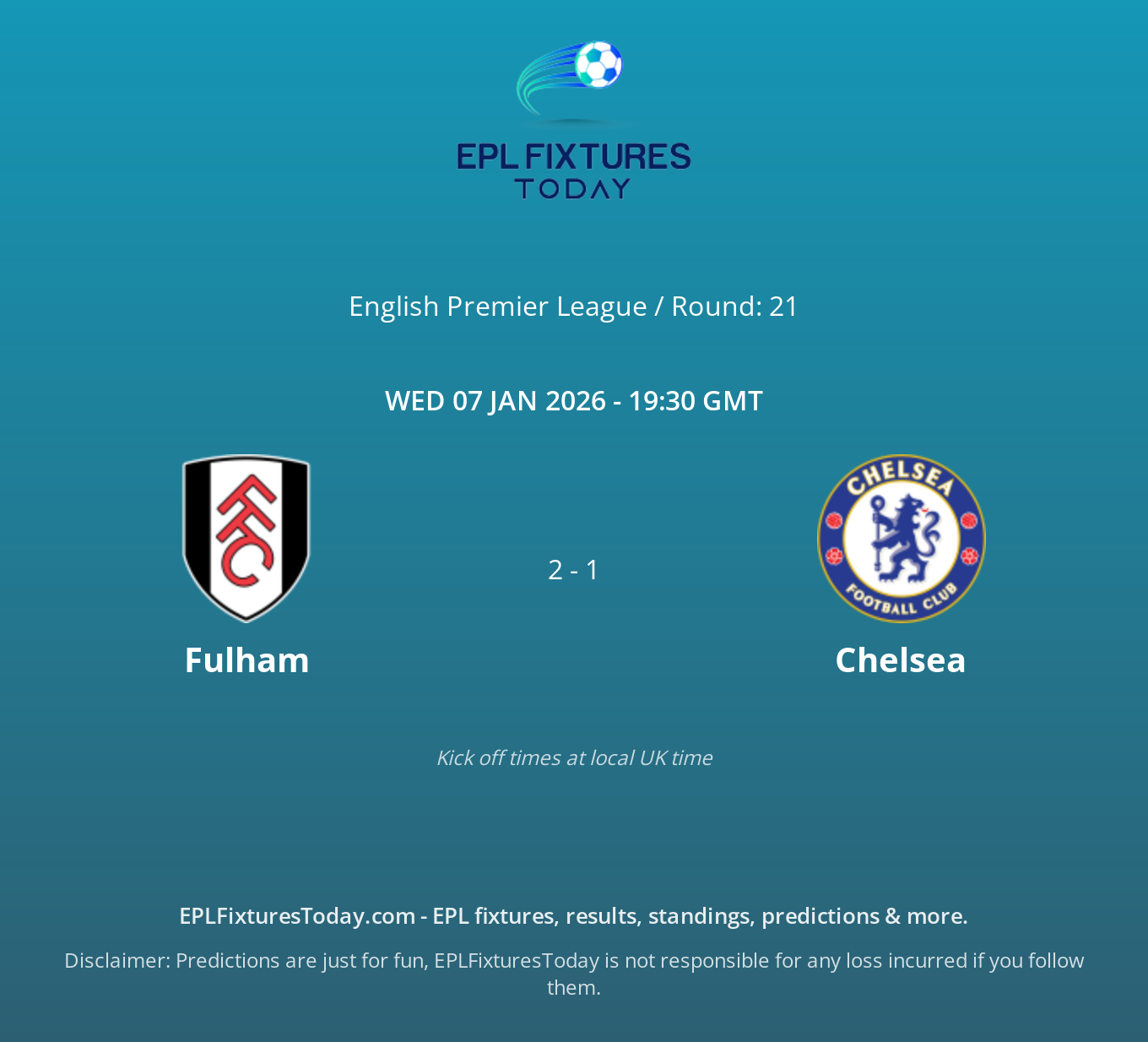 Wed 07 Jan 2026: Fulham vs Chelsea - EPLFixturesToday.com