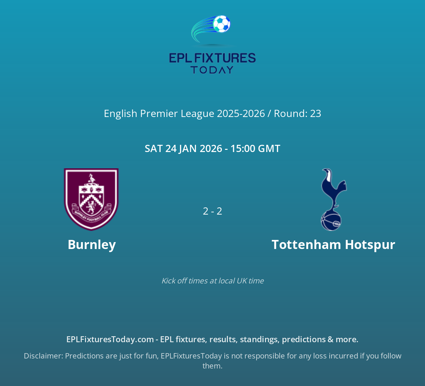 Sat 24 Jan 2026: Burnley vs Tottenham - EPLFixturesToday.com