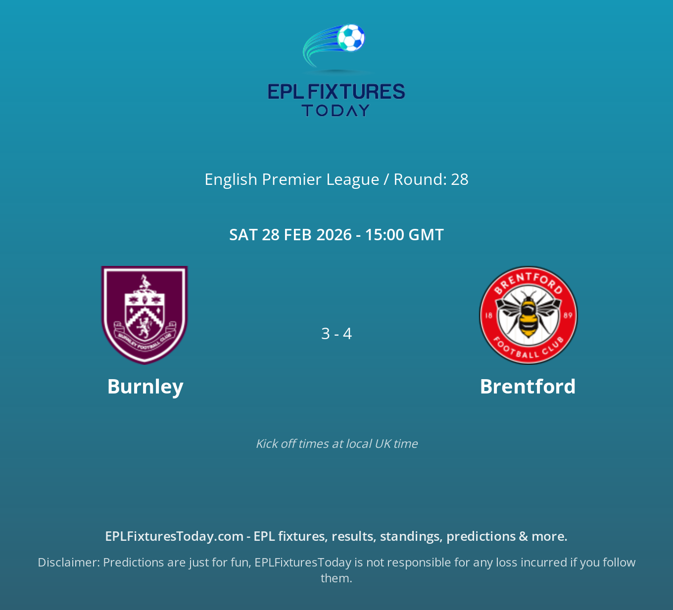Sat 28 Feb 2026: Burnley vs Brentford - EPLFixturesToday.com