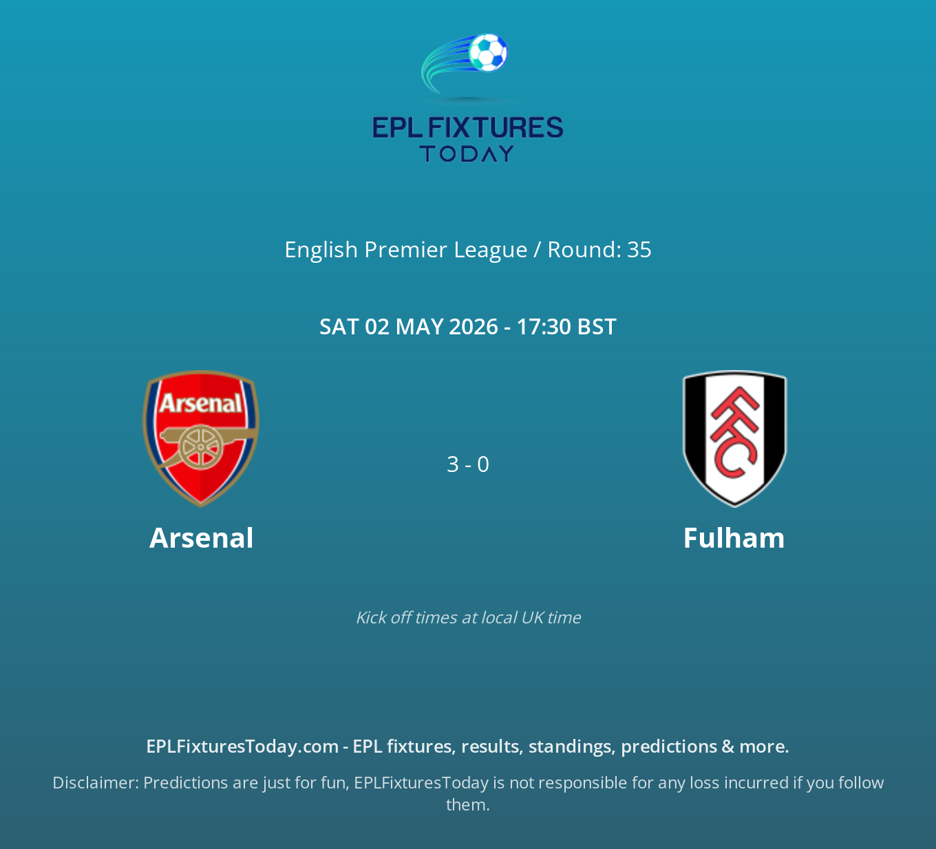Sat 02 May 2026: Arsenal vs Fulham - EPLFixturesToday.com