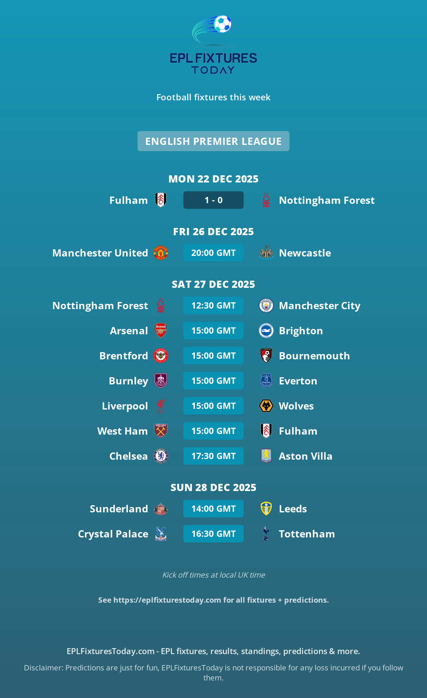 EPL fixtures, results and scores: This Week - EPLFixturesToday.com